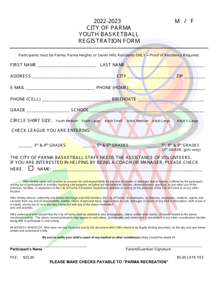 Editable Youth Sports Registration Form Template | Minasinternational