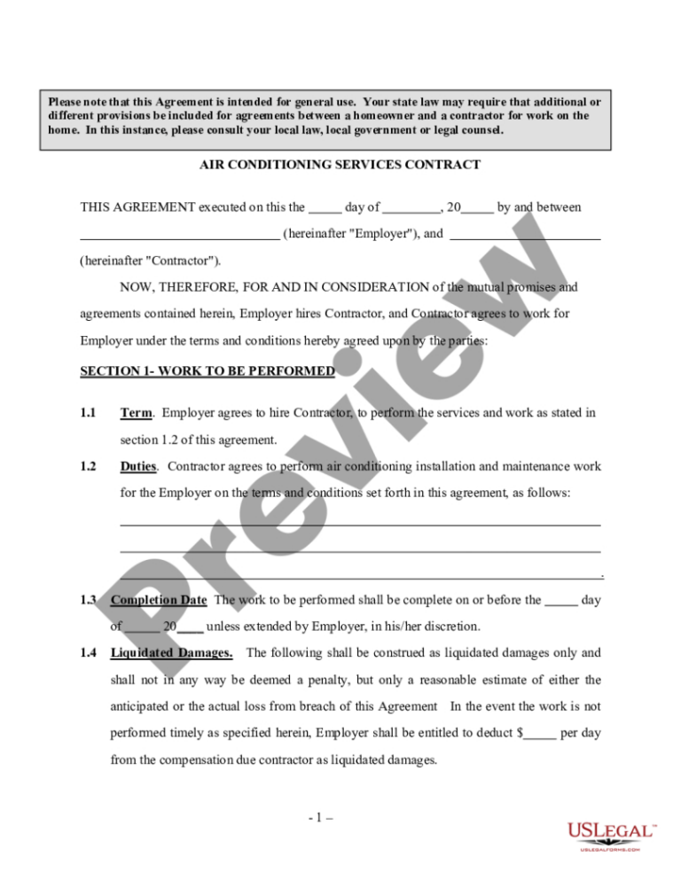 Printable Air Conditioning Service Agreement Template | Minasinternational