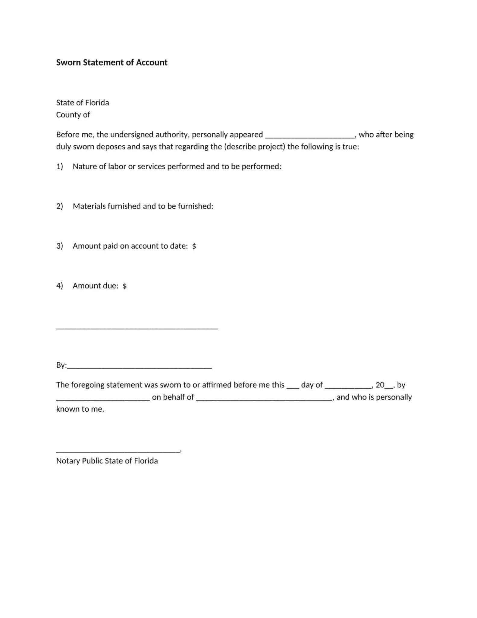 Printable Sworn Statement General Affidavit Template | Minasinternational