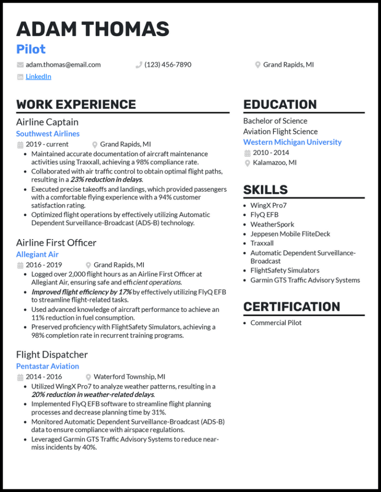 Entry Level Pilot Resume Template
