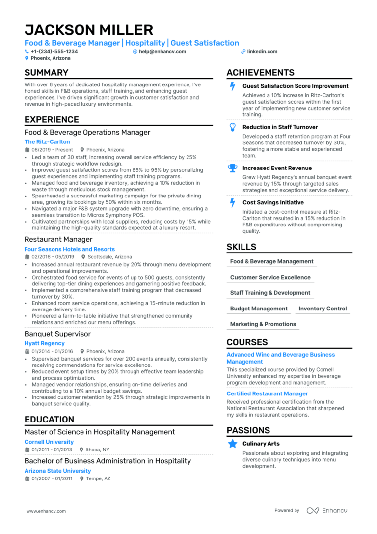 Food and Beverage Manager Resume Template