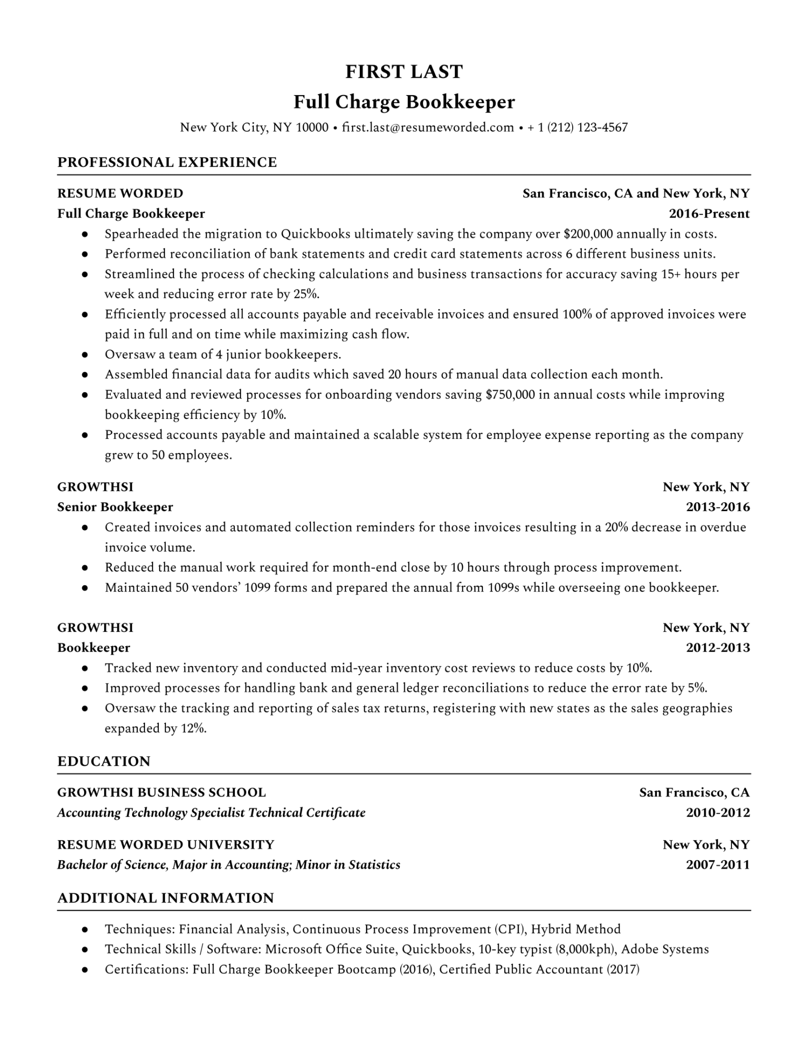 Full Charge Bookkeeper Resume Template
