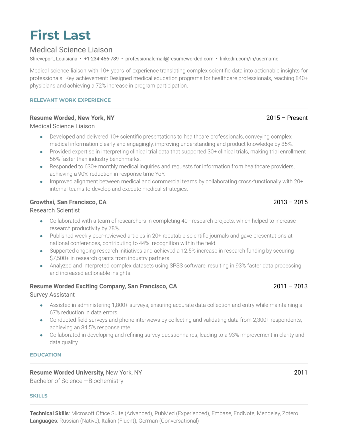 Medical Science Liaison Resume Template