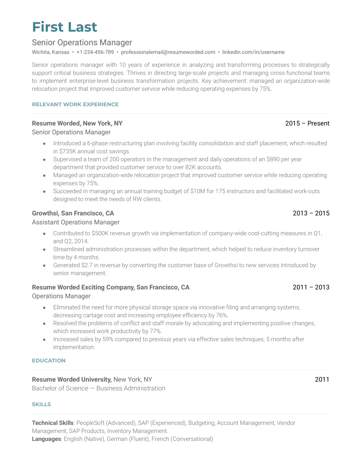 Senior Operations Manager Resume Template