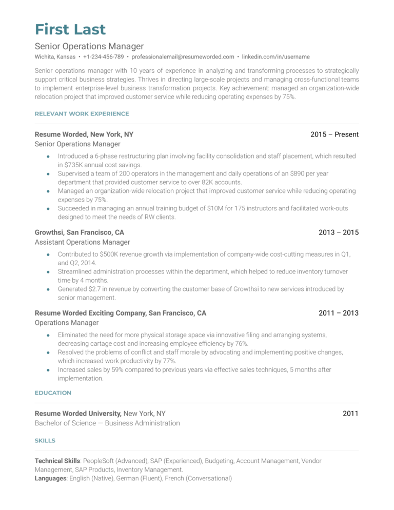 Senior Operations Manager Resume Template