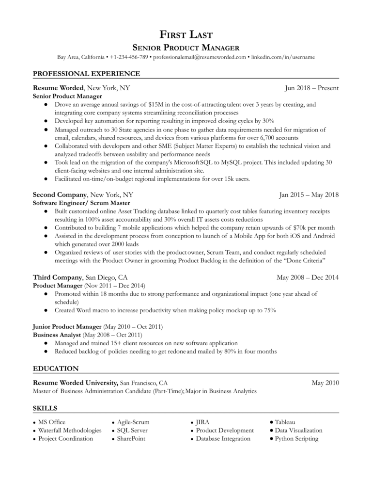 Senior Product Manager Resume Template