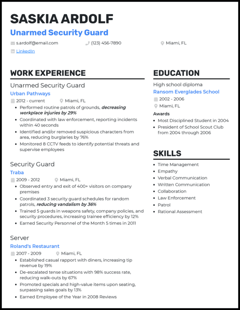 Unarmed Security Guard Resume Template